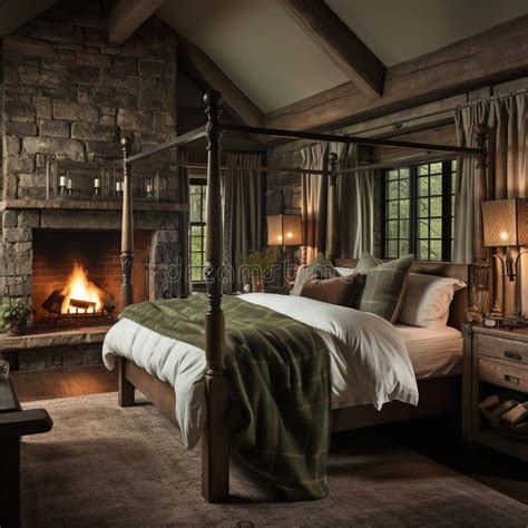 Design Of Cozy And Rustic Bedroom With A Wooden Four Poster Bed Plaid