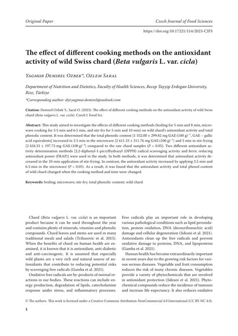 Pdf The Effect Of Different Cooking Methods On The Antioxidant Activity Of Wild Swiss Chard