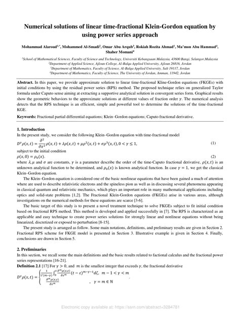 Pdf Numerical Solutions Of Linear Time Fractional Klein Gordon Equation By Using Power