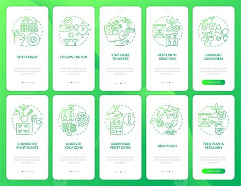 Mobile App Screen Set For Onboarding With Green Gradient Gardening Tips Vector Vegetation