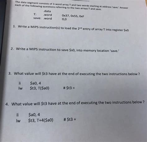 solved the data segment consists of 3 word array t and two