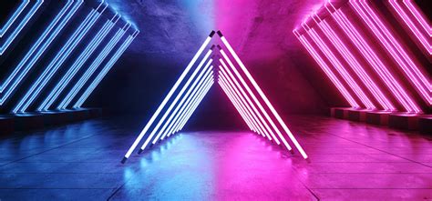 가상 현실 미래 지향적 인 현대 우아한 네온 빛나는 공상 과학 Fi 레이저 빔 단계 보라색 파란색 삼각형 모양의 터널 지 하 터널 복도 차고 3d 렌더링 0명에 대한 스톡