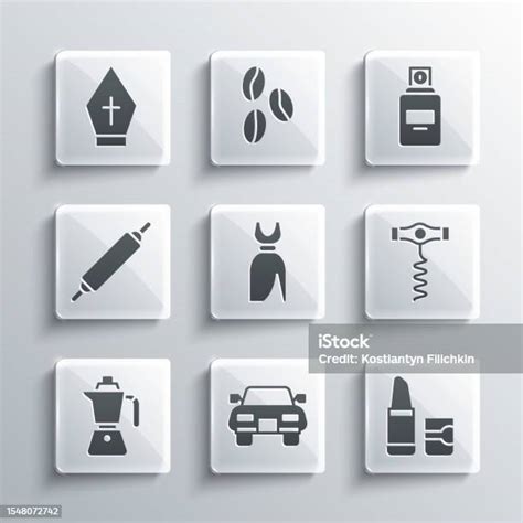 세트 자동차 립스틱 와인 코르크 마개 여자 드레스 커피 모카 냄비 롤링 핀 교황 모자 및 향수 아이콘 벡터 0명에 대한 스톡