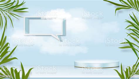 연단 스피치 버블 선반 블루 스카이 배경의 화이트 푹신한 구름이 있는 스튜디오 룸 야자수 잎 프레임이 있는 벡터 3d 배경 디자인 봄과 여름 제품을 위한 일러스트 쇼케이스
