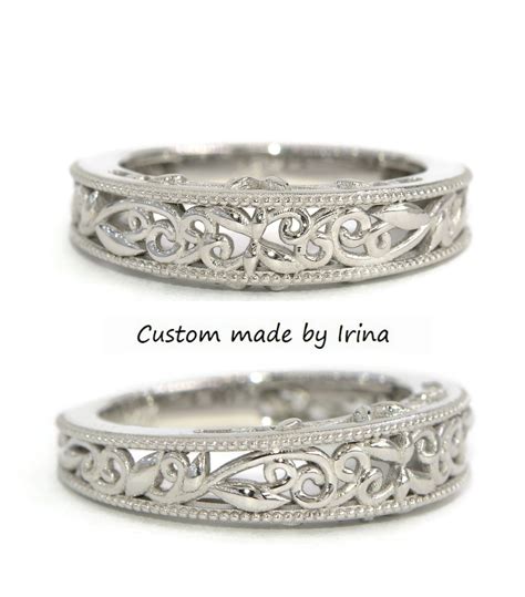 Milgrain Leaf Vine Scroll Pattern Filigree Rustic Wedding Ring Custom Made