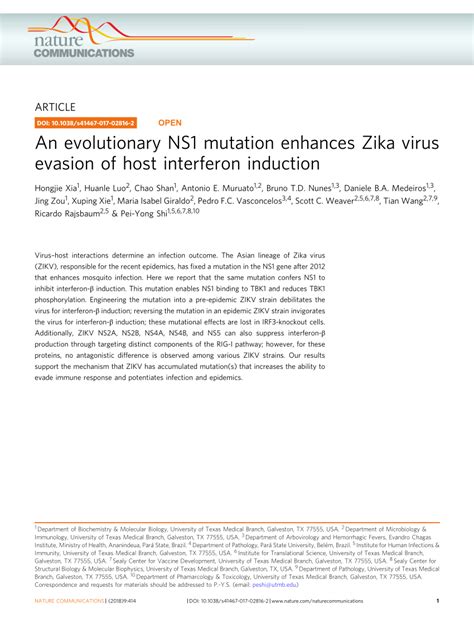 Pdf An Evolutionary Ns1 Mutation Enhances Zika Virus Evasion Of Host