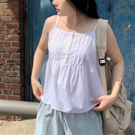 로코 나시블라우스 핀턱 레이스 나시 블라우스 여름나시 여름블라우스 썸머룩 끈나시 2color 에이블리