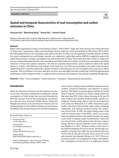 Spatial And Temporal Characteristics Of Coal Consumption And Carbon
