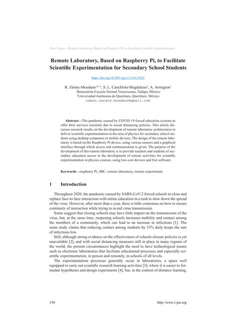 Pdf Remote Laboratory Based On Raspberry Pi To Facilitate Scientific Experimentation For