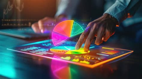 hand interacting with interactive pie chart on a digital tablet stock