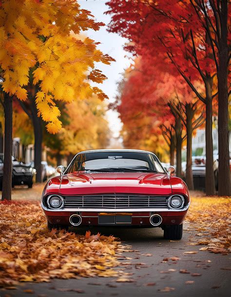 가을날에 주차된 클래식 레드 머슬카 단풍이 땅을 덮습니다 배경 배경 화면 및 일러스트 무료 다운로드 Pngtree