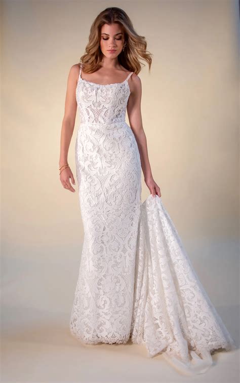 Boho Lace Column Wedding Dress With Open V Back Addy Gown