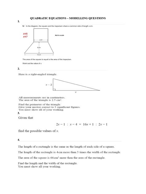 Quadratic Equations Modelling Questions Pdf