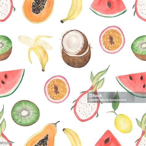 수채화 열대 과일 원활한 패턴 손으로 그린 코코넛 키위 수박 파파야 용 과일 바나나 레몬 디지털 종이 몬스 테라 잎 패턴 여름 그림입니다 이국적인 과일 클립 아트입니다 0