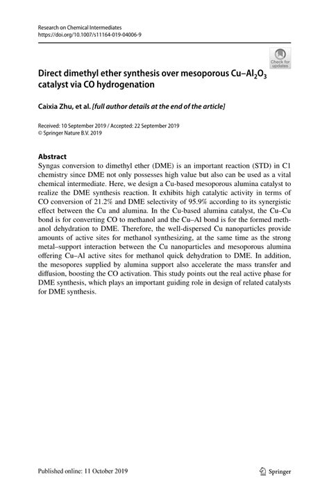 Pdf Direct Dimethyl Ether Synthesis Over Mesoporous Cual2o3 Catalyst Via Co Hydrogenation