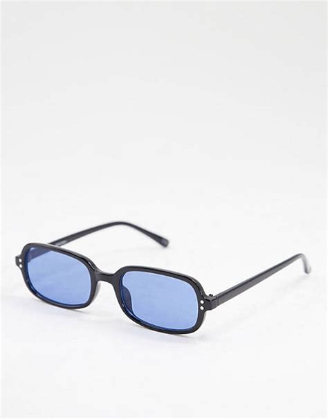 Asos Design Skinny Rectangle Sunglasses In Black With Blue Lens Asos