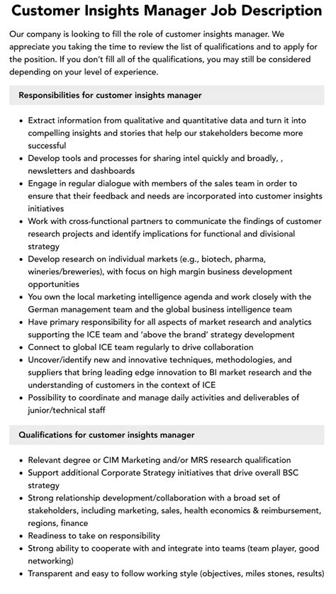 Customer Insights Manager Job Description Velvet Jobs