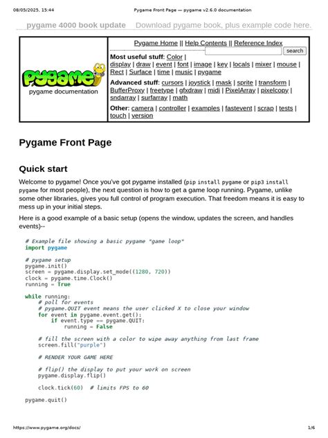 Pygame Front Page Pygame V260 Documentation Pdf Computing