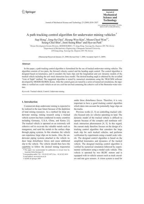 Pdf A Path Tracking Control Algorithm For Underwater Mining Vehicles