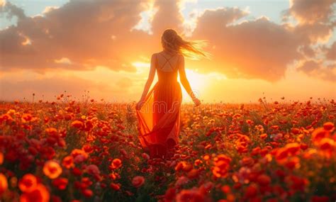 A Woman In A Red Dress Stands In A Field Of Red Flowers The Sun Is