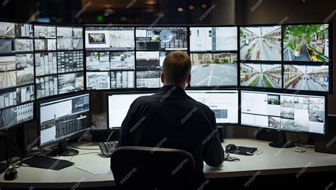 Premium Ai Image Rear View Of Security Guard Monitoring Cctv Cameras In Surveillance Room