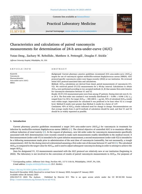 Pdf Characteristics And Calculations Of Paired Vancomycin Measurements For Determination Of 24