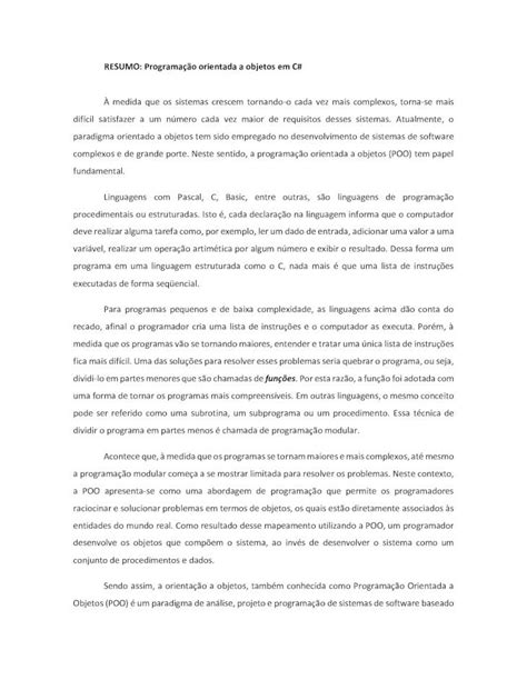 Pdf Resumo Programação Orientada A Objetos Em C · Resumo Programação Orientada A Objetos Em