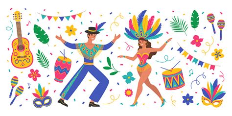 브라질 카니발은 깃털 기타 마라카스 드럼 마스크 꽃 나뭇잎 화환 및 색종이 조각과 의상을 입은 남자와 여자와 함께 설정됩니다 뮤직 페스티벌 벡터 평면 그림 배너 포스터