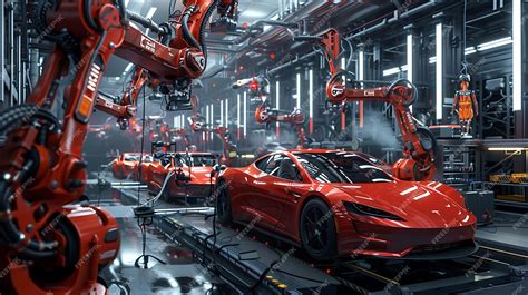 Car Factory Robots Assemble Red Sports Car On Assembly Line Automation In Automotive Industry