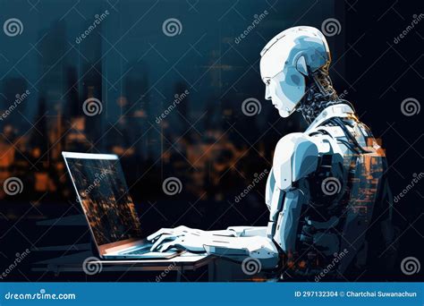 Robot Sitting At Desk With Laptop Computer In Front Of Him By Generative Ai Stock Illustration