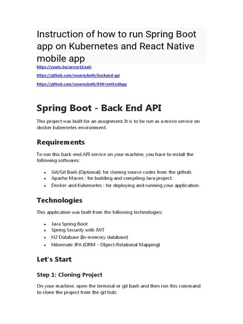 Kubernetes Deploy Mysql Spring Rest Api React Native App Instructions Download Free Pdf