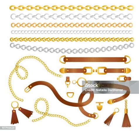 체인 및 벨트의 벡터 그림 집합입니다 황금과 은색 체인과 스트랩 패브릭 디자인 요소의 패션 컬렉션입니다 흰색 배경에 섬유 패턴 요소입니다 벡터에 대한 스톡 벡터 아트 및