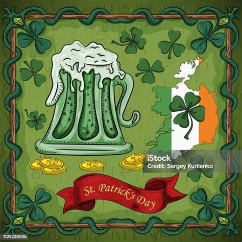세인트 패 트 릭 일 거품과 맥주 한 잔의 주제에 컬러 일러스트 레이 션 녹색에 대한 스톡 벡터 아트 및 기타 이미지 녹색