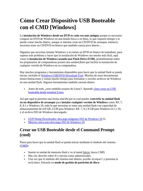 Cómo Crear Dispositivo Usb Booteable Con El Cmd Pdf Memoria Usb Arranque