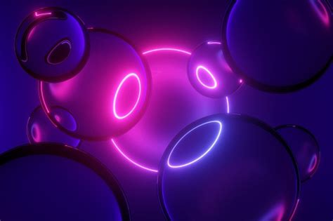 3d 렌더링 유리 공과 중간에 레이저 링추상 현대 네온 배경 빛나는 둥근 프레임과 반투명 거품 가상현실에 대한 스톡 사진 및