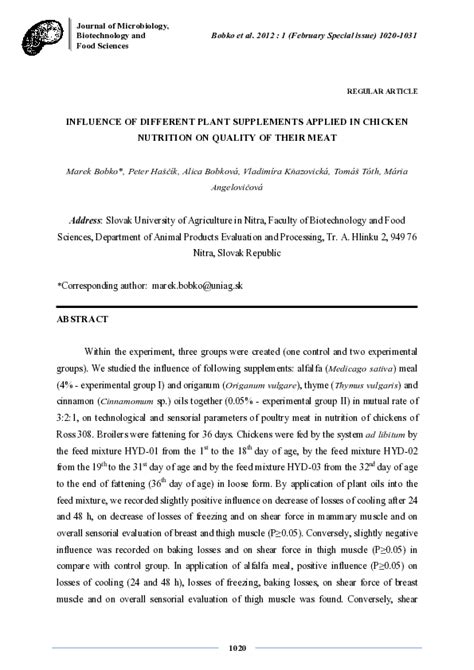 Pdf Influence Of Different Plant Supplements Applied In Chicken Nutrition On Quality Of Their Meat