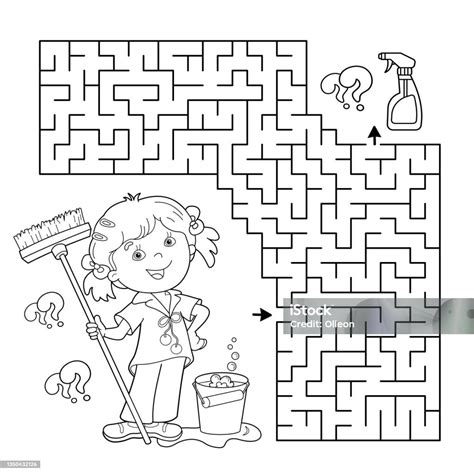 미로 또는 미로 게임 수수께끼 걸레와 양동이만화 소녀의 색칠 페이지 개요 가사 및 청소 아이들을위한 색칠 공부 가사 집안일에 대한 스톡 벡터 아트 및 기타 이미지 Istock