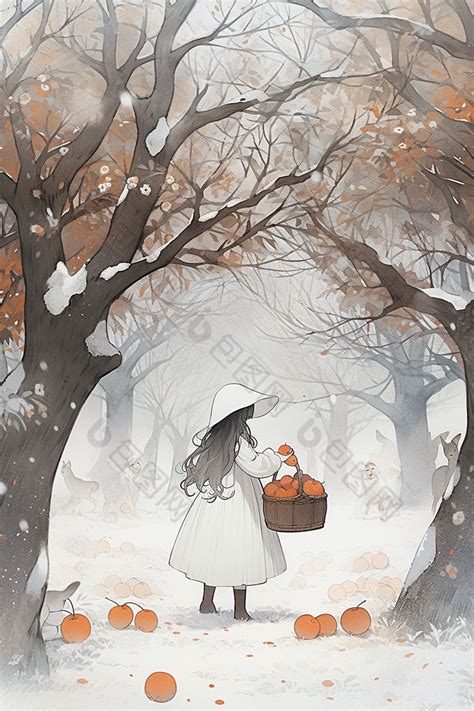 霜降节气女孩中国落叶插画图片 包图网
