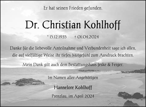 Traueranzeigen Von Christian Kohlhoff Trauer Nordkurier