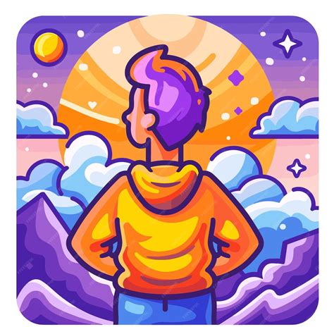 Hipster Tipo En Suéter Amarillo De Pie En El Fondo Del Cielo Nocturno Con Nubes Y Sol Vector