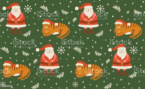 크리스마스 호랑이 원활한 패턴 귀여운 유치한 산타 클로스 캐릭터 호랑이 Cnowflakes 녹색 배경에 가지 새해 2022 메리