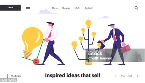 아이디어 창의력 발명 수확 웹 사이트 방문 페이지를 생산 빛나는 전구와 나무를 물을 사업가 비즈니스 맨 배송 램프 웹 페이지 배너 만화 플랫 벡터 일러스트 개념에 대한 스톡