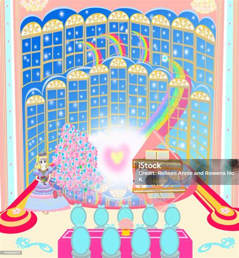많은 키 큰 창문과 반짝이는 별의 홀에있는 젊은 금발 소녀의 밝은 다채로운 일러스트 레이 션 밤하늘 만화 2022 0명에 대한 스톡 벡터 아트 및 기타 이미지 Istock