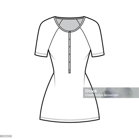 드레스 헨리 칼라 테크니컬 패션 일러스트와 쇼트 라글란 슬리브 핏 바디 미니 길이 연필 스커트 플랫 0명에 대한 스톡 벡터 아트