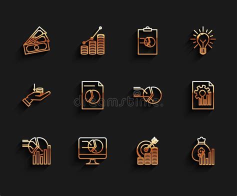 Set Line Pie Chart Infographic Computer Monitor With Stacks Paper Money Cash Target Coin