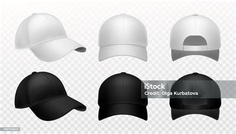 야구 모자 사실적인 흑백 모자 모형 앞면 및 백뷰 스포츠 헤드웨어 브랜딩 템플릿 컬렉션 투명 배경 세트에 격리된 빈 3d 벡터