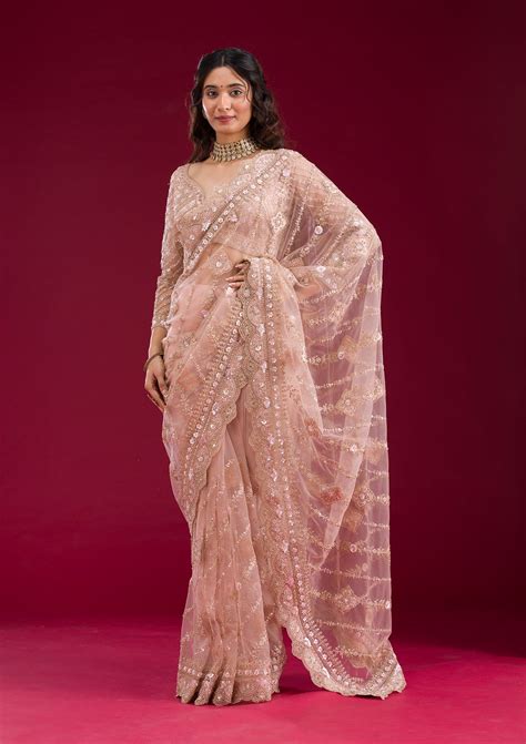 Buy Light Peach Stonework Net Saree Koskii