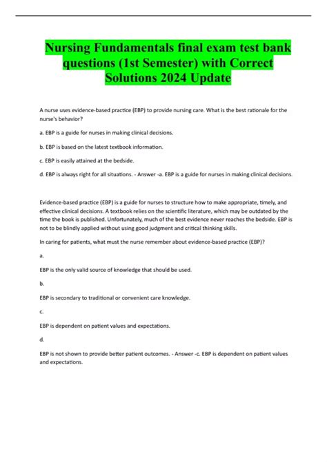 Nursing Fundamentals Final Exam Test Bank Questions 1st Semester With Correct Solutions 2024