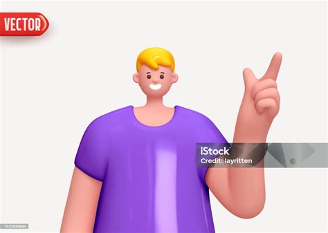 행복한 쾌활한 청년은 손바닥을 벌리고 손가락을 위로 향하게합니다 캐주얼 한 옷을 입은 어린 잘 생긴 소년이 손을 벌려 보여줍니다 현실적인 만화 캐릭터 긍정적 인 3d