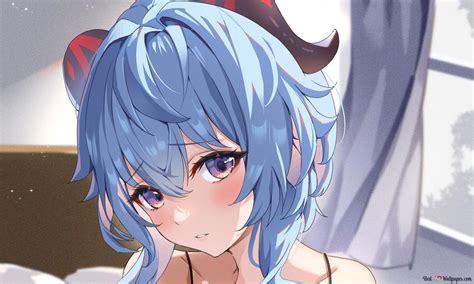 Hot Anime Girl Ganyu Sitting On Bed Genshin Impact 2k Wallpaper Download